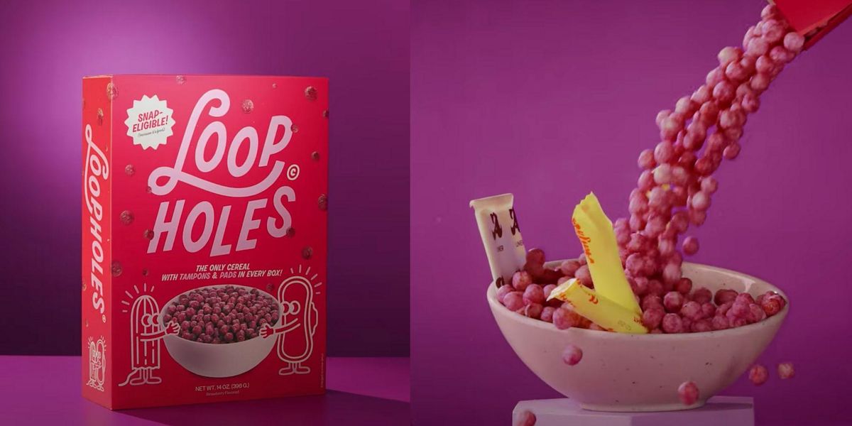 Fake cereal Loopholes shows how period products aren't covered by ...
