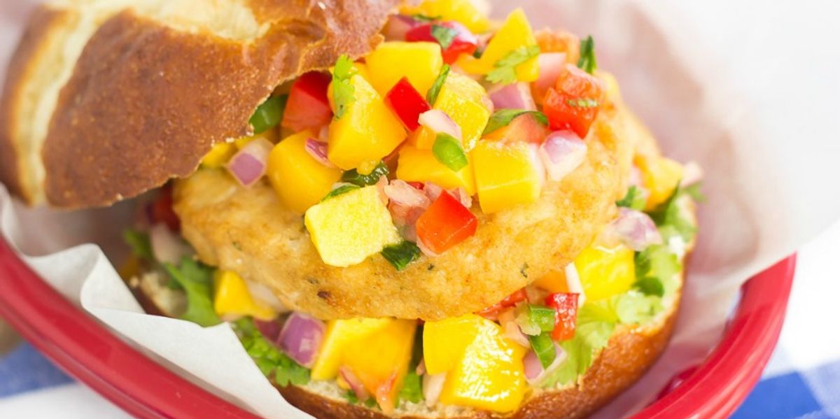 Alaskan Pollock Burgers with Peach Mango Salsa - My Recipe Magic