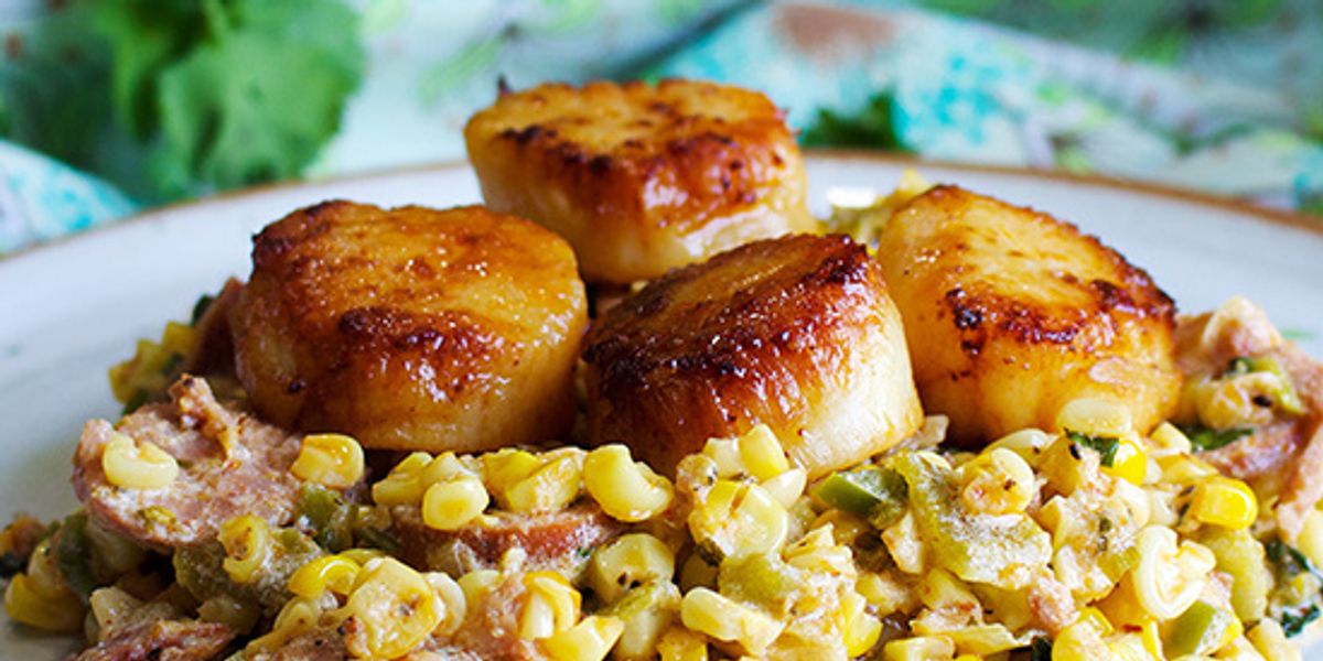Pan Seared Scallops with Chorizo, Green Chilies, and Creamy Roasted ...