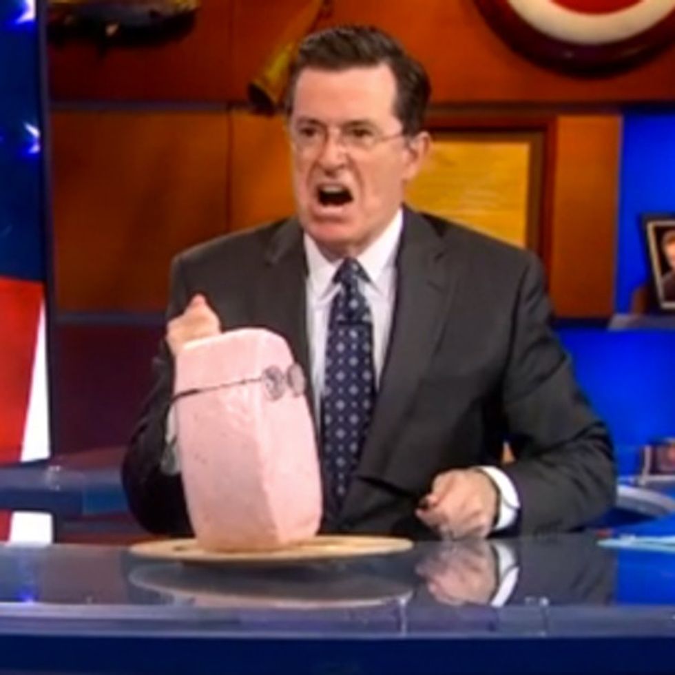 Stephen Colbert Explains A Super PAC Loophole By Stabbing A Ham - Upworthy Stephen Colbert Explains A Super PAC Loophole By Stabbing A Ham - Upworthy