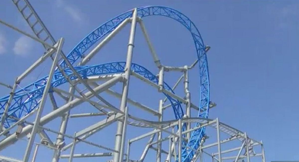 Test dummies fly off roller coaster and onto a hotel roof during ...