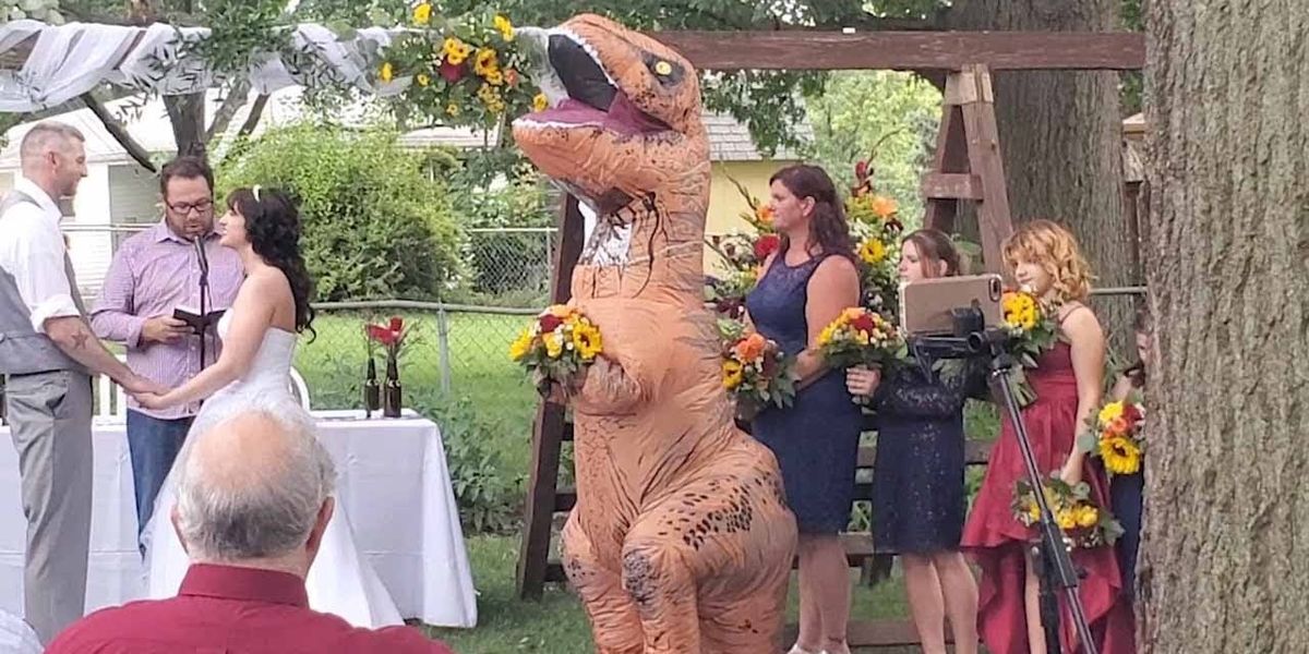 Texas maid of honor wears giant, inflatable T-Rex costume to wedding ...