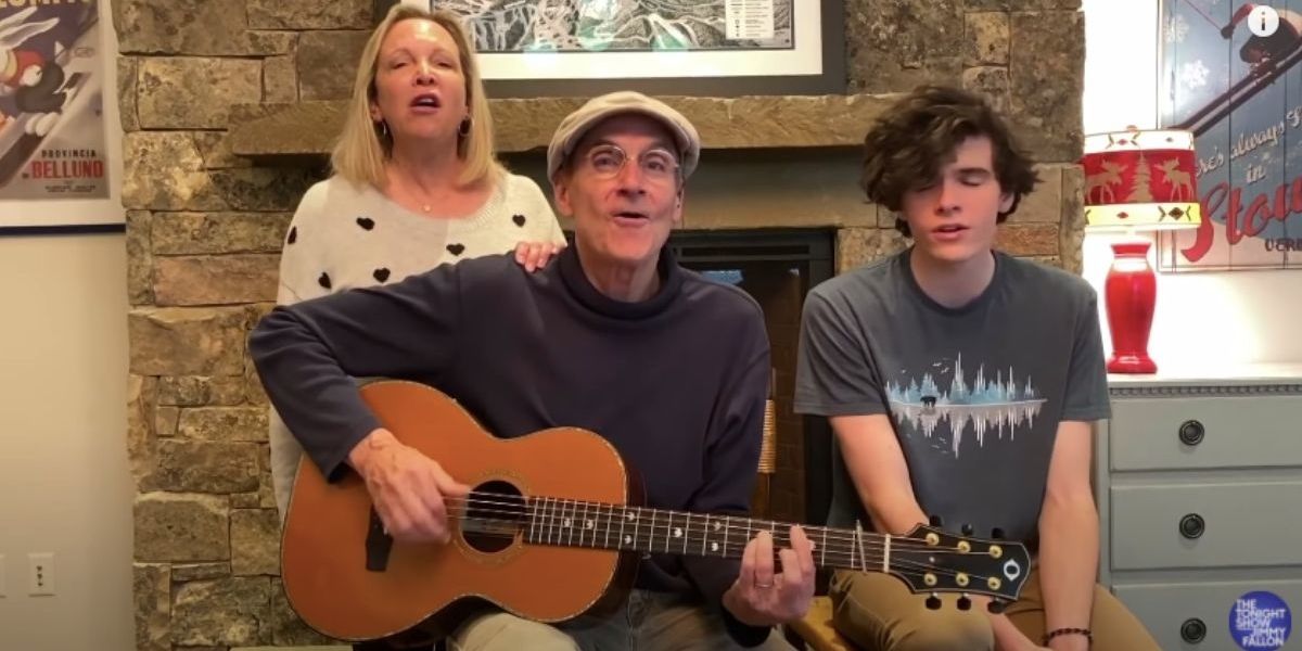 James Taylor performs from home with his wife and son singing harmony ...