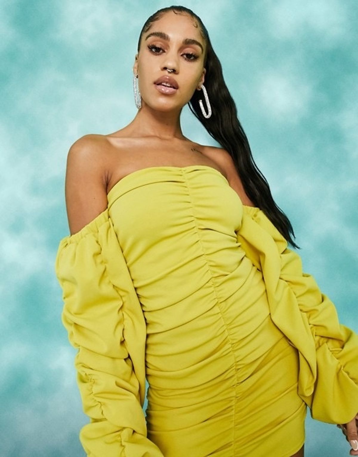 Ruched Bardot Mini Dress in Chartreuse - xoNecole